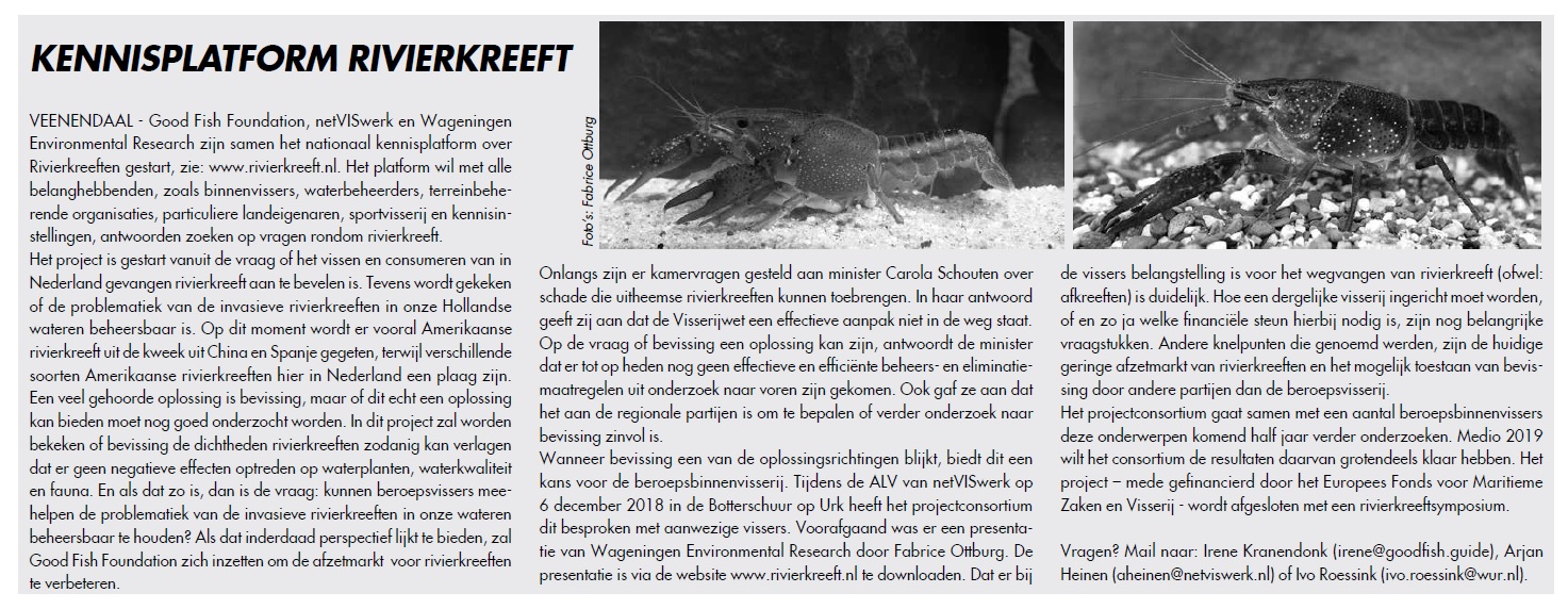 Kennisplatform Rivierkreeft in Visserijnieuws - Kennisplatform Rivierkreeft